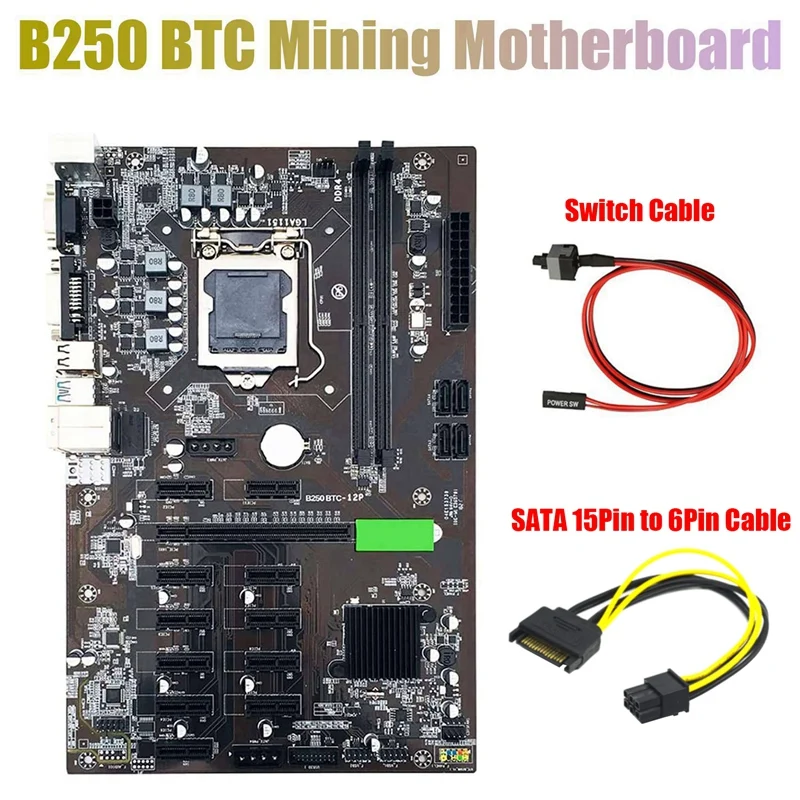B250 BTC Mining Motherboard with SATA 15Pin to 6Pin Cable+Switch Cable 12XGraphics Card Slot LGA ...