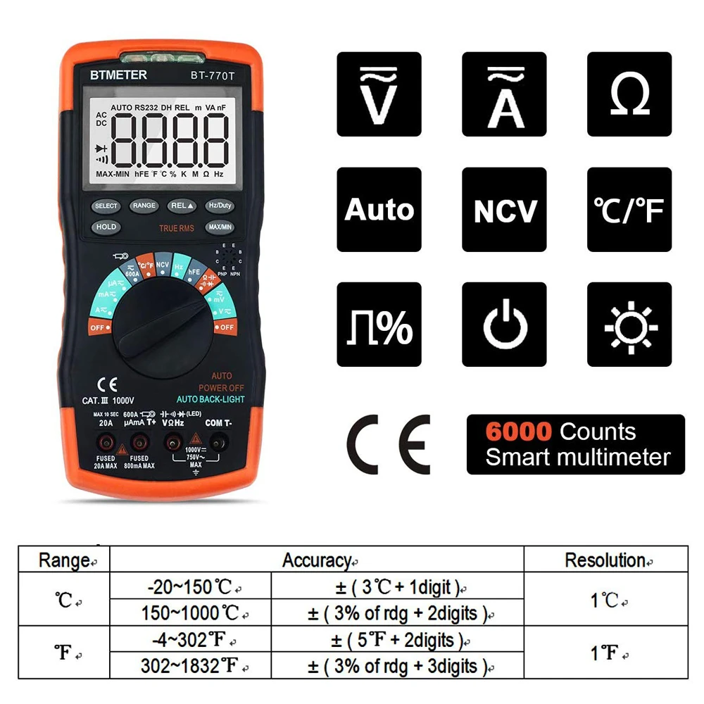 BTMETER Digital Multimeter True RMS Auto Ranging DMM Test Meter for AC ...