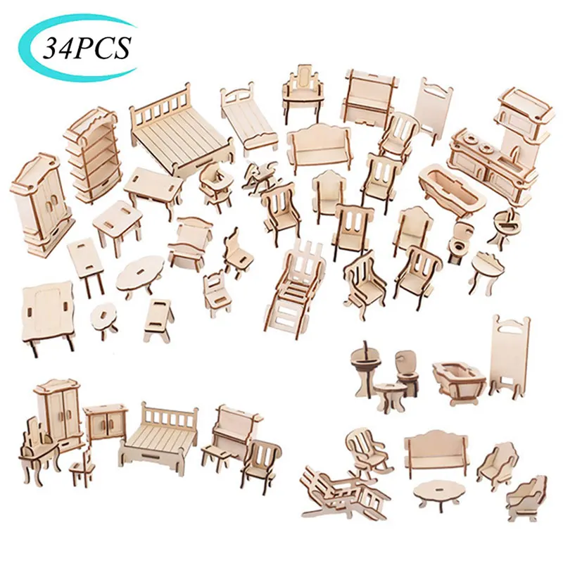 34PCS Set 3D Wooden Puzzle Toy 1:12 Mini Wooden Furniture 3D Building ...