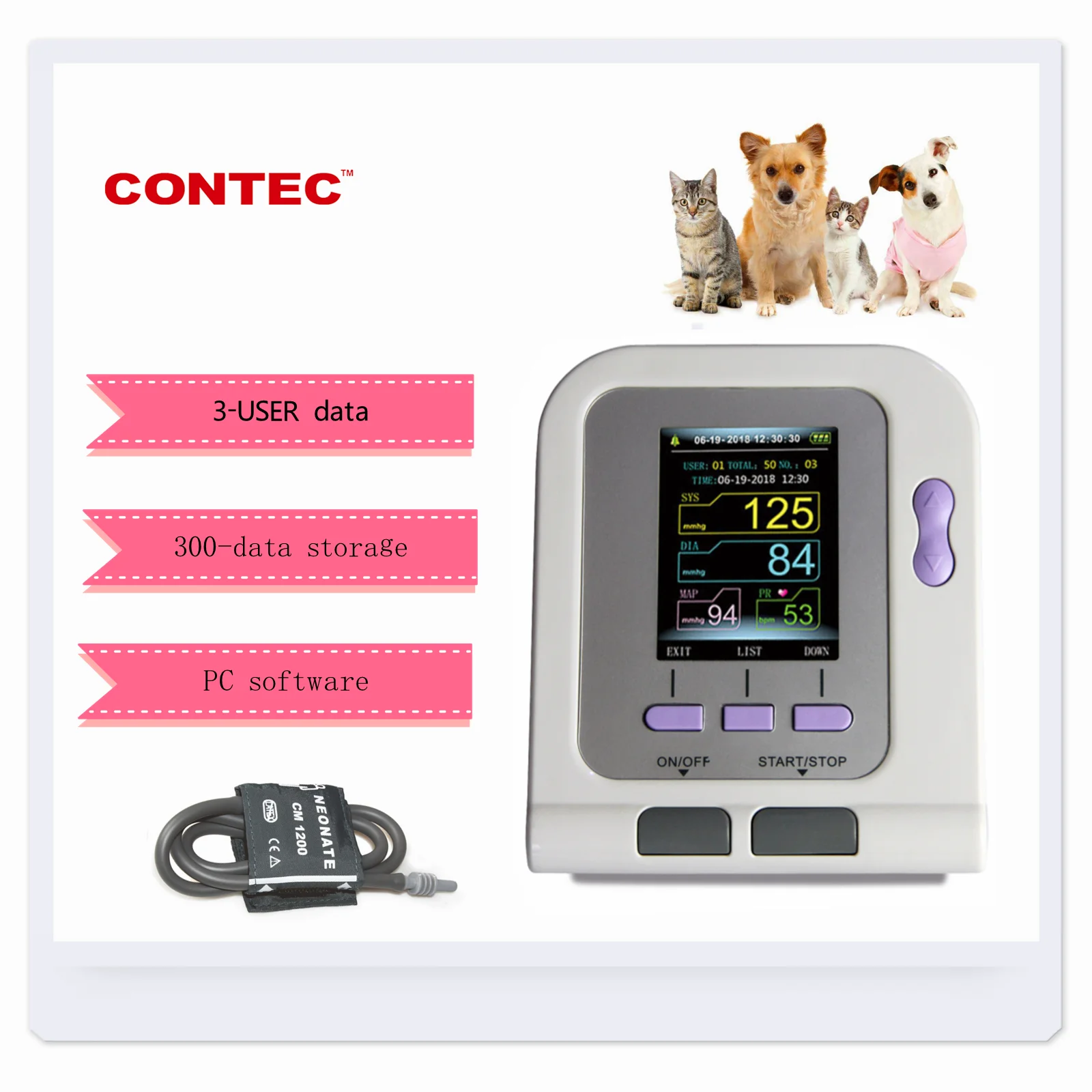 디지털 수의사용 혈압 모니터 NIBP 커프, 개/고양이/애완 동물 신생아 커프와 CONTEC08A VET|bp monitor ...