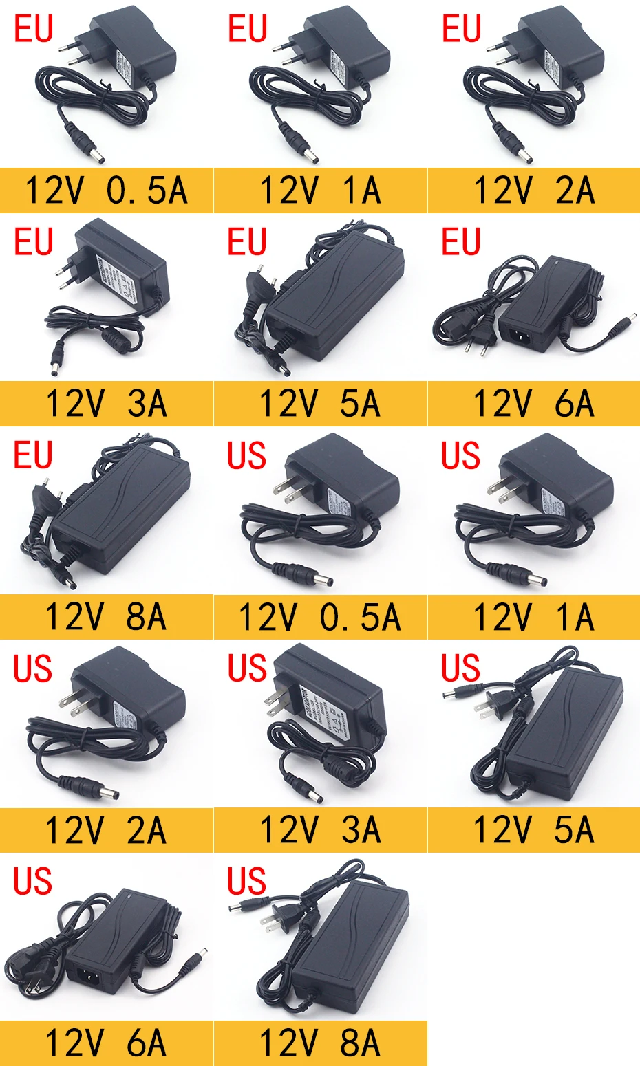 0.5A-EU Plug-3V -AC 110 240V DC 3V 5V 6V 9V 12V 15V 24V 0.5A 1A 2A 3A ...