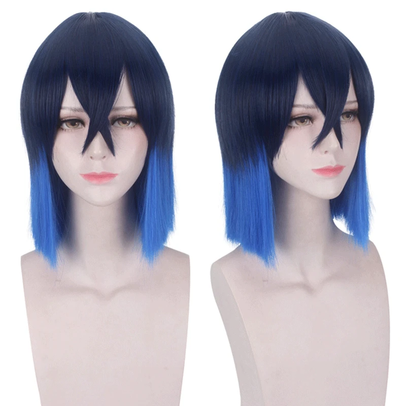 Anime Hashibira Inosuke Short Blue Ombre Wig Demon Slayer Kimetsu no ...