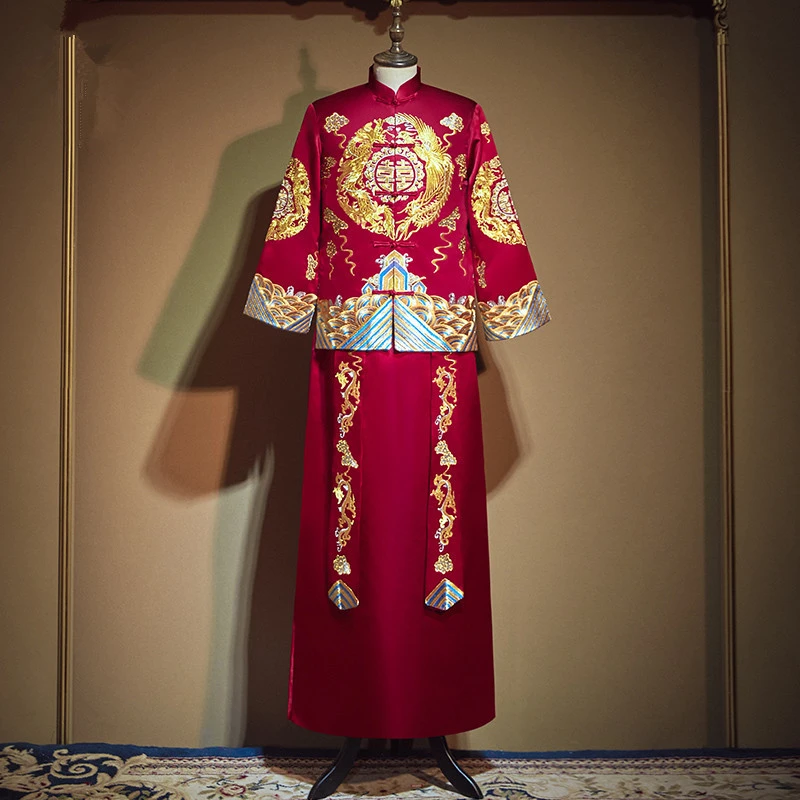 male red cheongsam toast costumes grooms dress jacket long gown ...