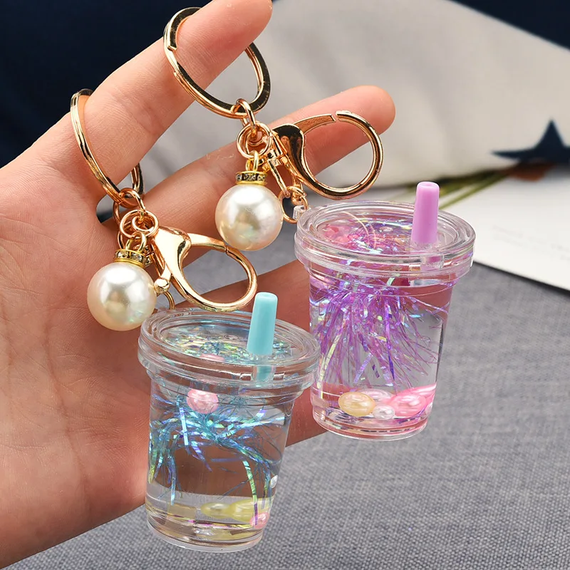 Summer Liquid Floating Sequins Pearl Keychain Quicksand Cup Bottle Key ...