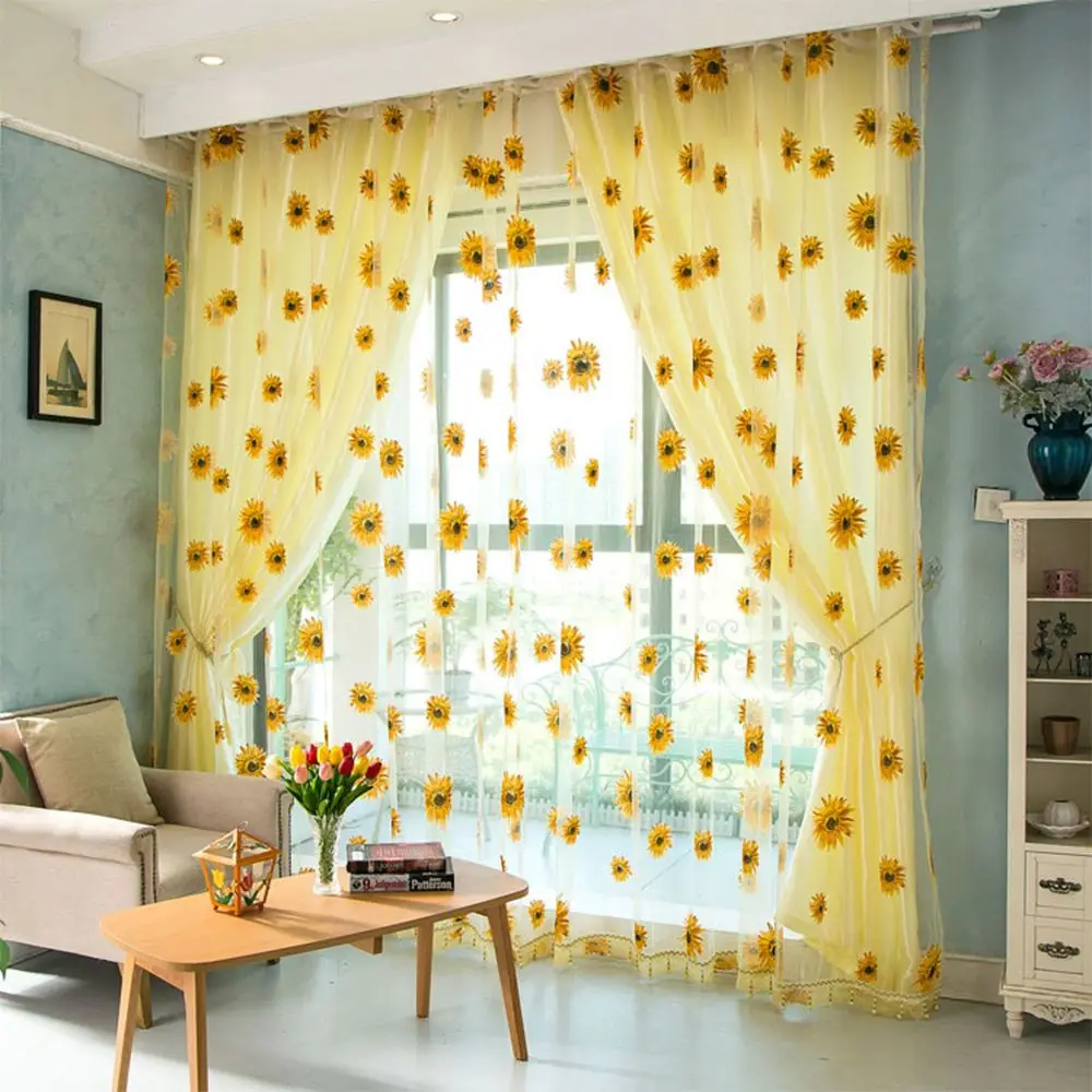 Sunflower Pattern Tulle Curtain Home Decor Voile Kitchen Balcony Room ...