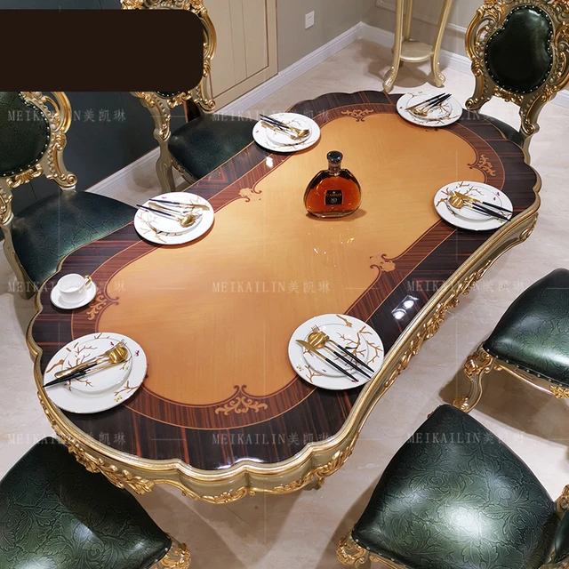 European-style luxury wood carved long dining table, restaurant high ...