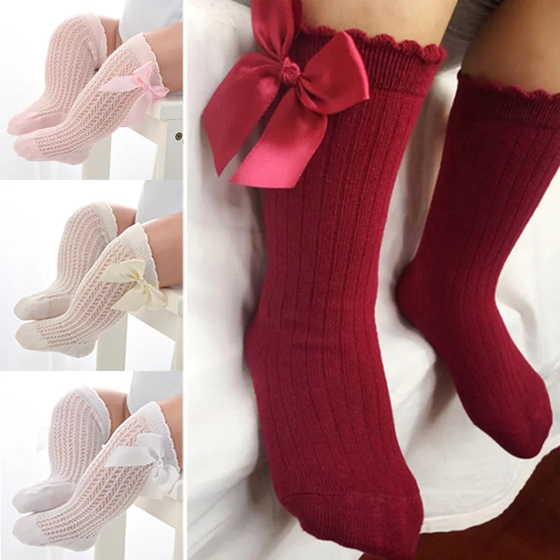 새로운 어린이 양말 유아 소녀 큰 활 무릎 높은 긴 부드러운 면화 레이스 아기 양말 아이 솔리드 컬러 귀여운 활 소녀 양말양말