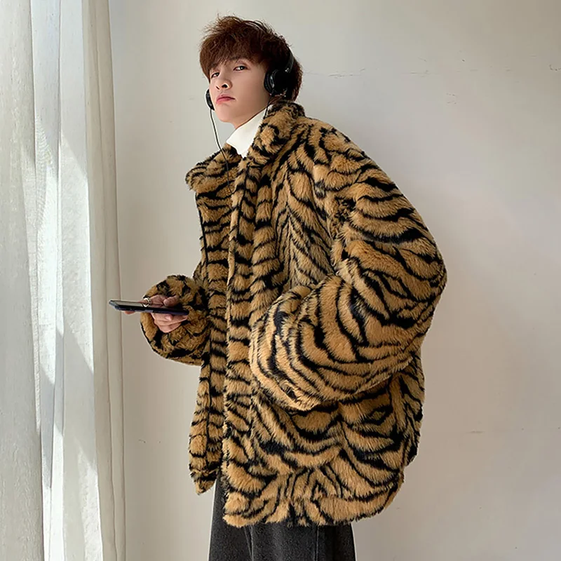 Male Leopard Print Faux Fur Coat Casual Loose Retro Furry Zipper Jacket ...