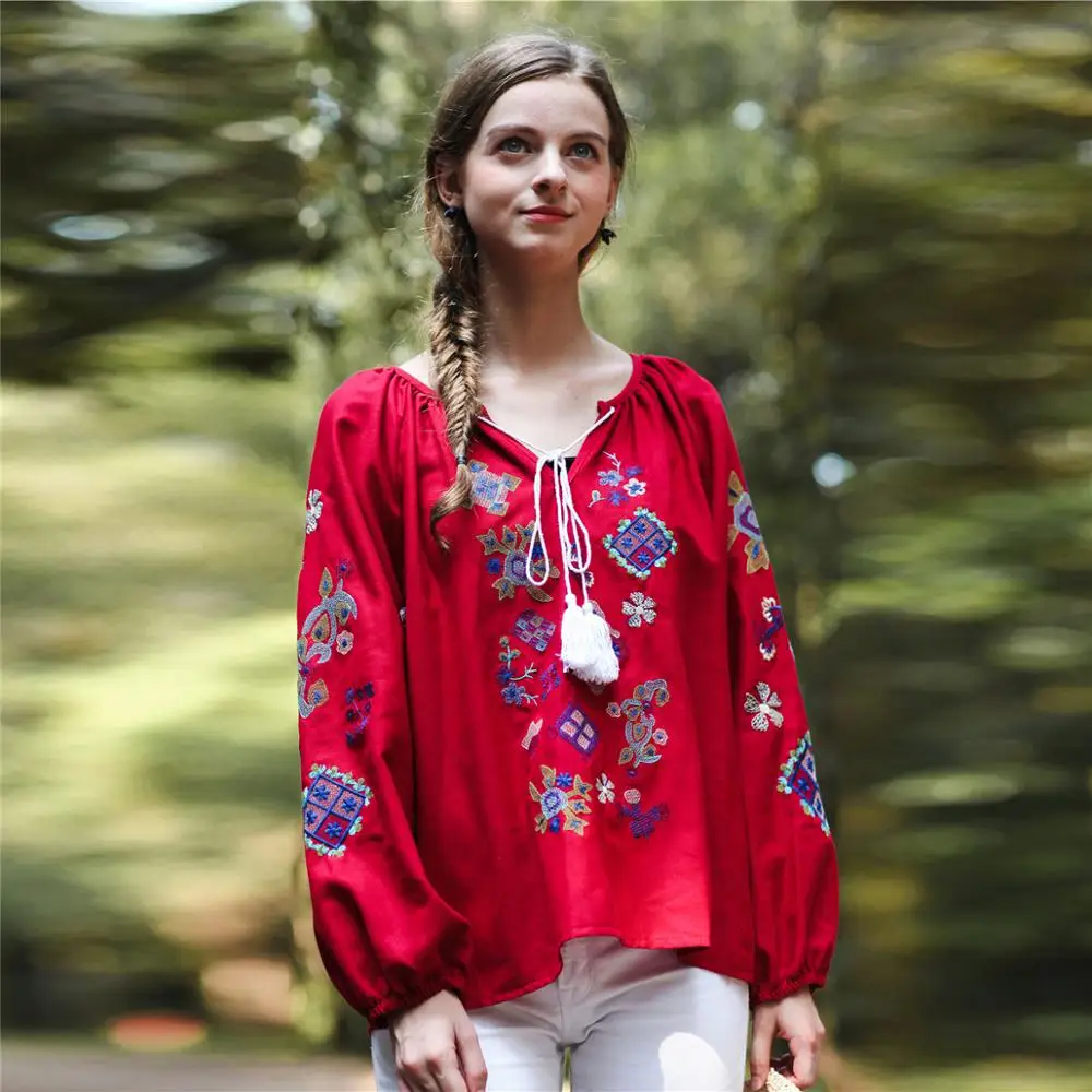 MUMUZI Весенняя Новинка богемная блуза национальный ветер фонарь рукава ...