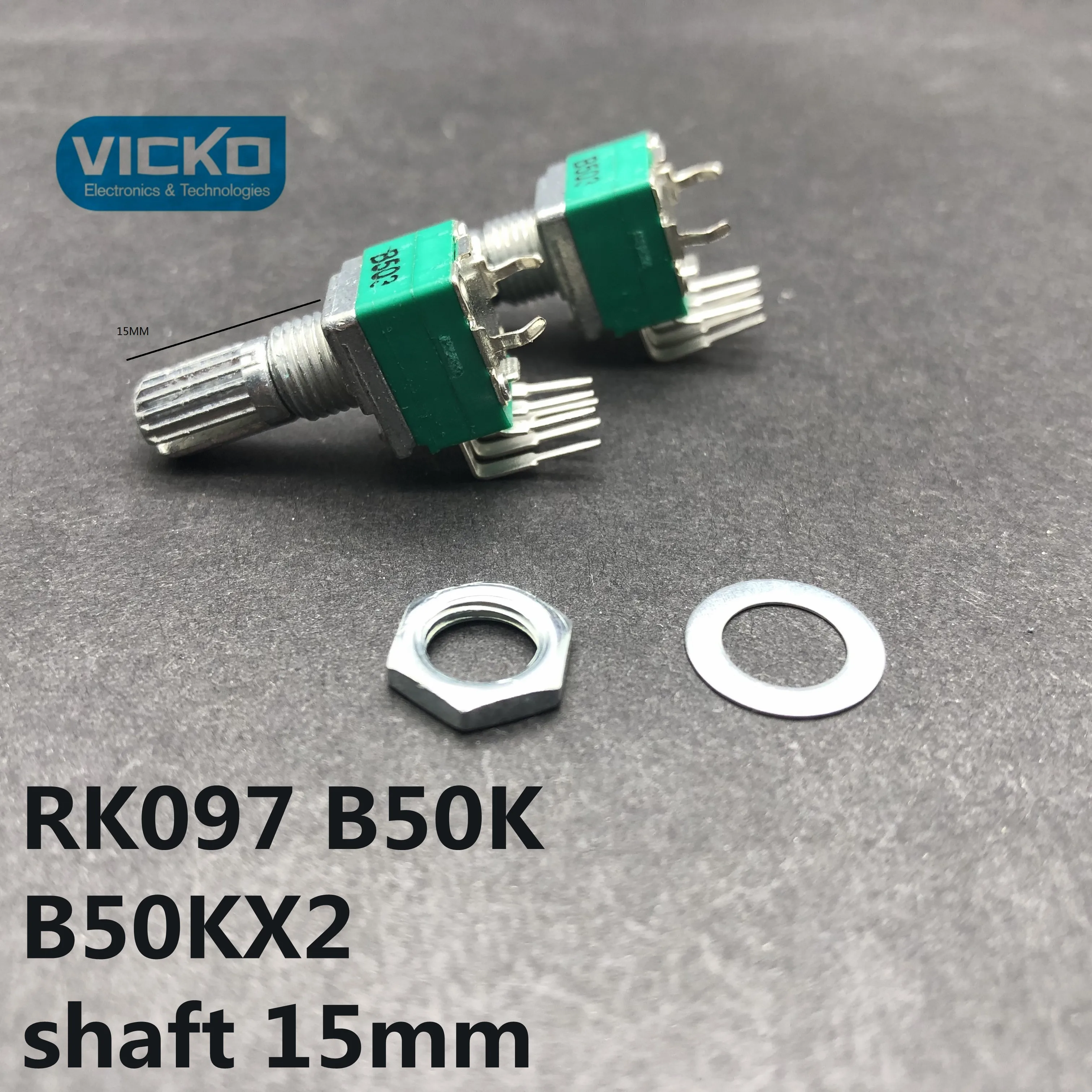 볼륨 조절 조절 전위차계 RK097 B50K B503 B50KX2 샤프트 15mm 이중 수직 곡선 발 6 핀 꽃 축 스위치 ...