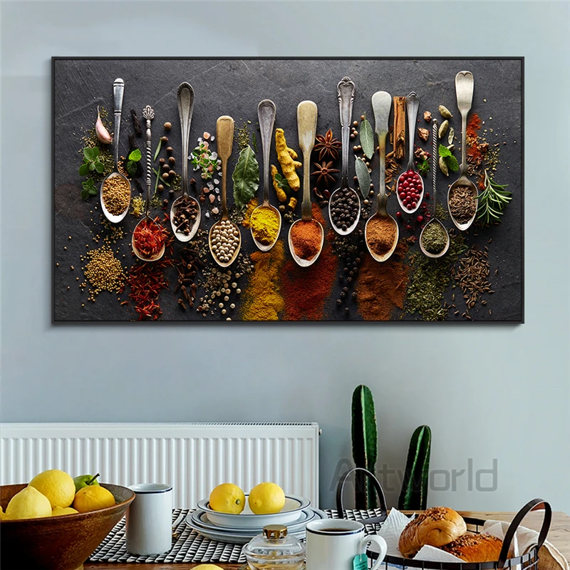 Kitchen-Theme-Wall-Art-Canvas-Paintings-Colorful-Spice-and-Spoon-In ...