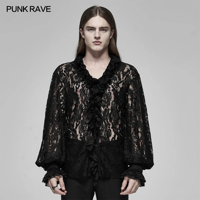 Camisa PUNK RAVE gótica transparente para hombre, camisa con cuello en V, tela de encaje ...