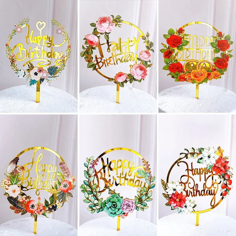 New-Flowers-Happy-Birthday-Cake-Topper-Gold-Colored-Printing-Acrylic ...