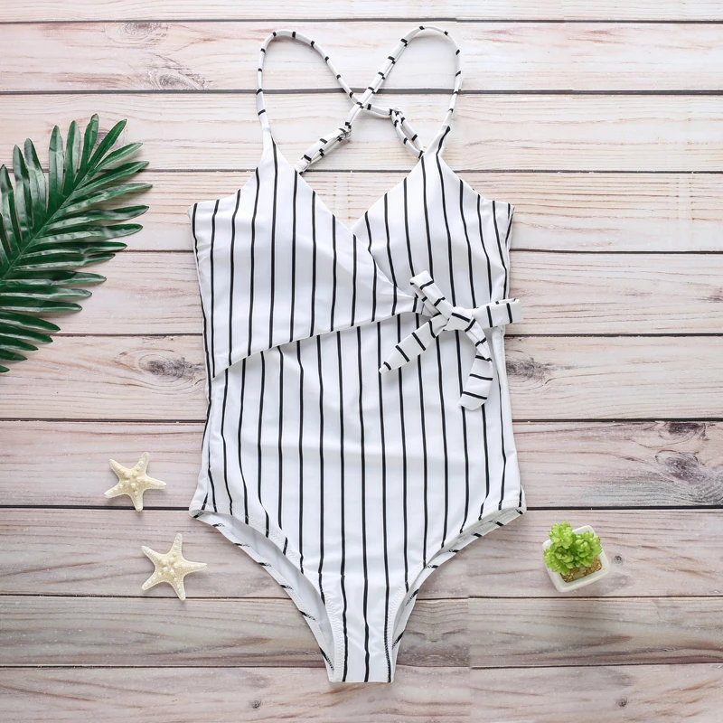 Beach Backless One piece Swimwear Women stripe Swimsuit Monokini ...