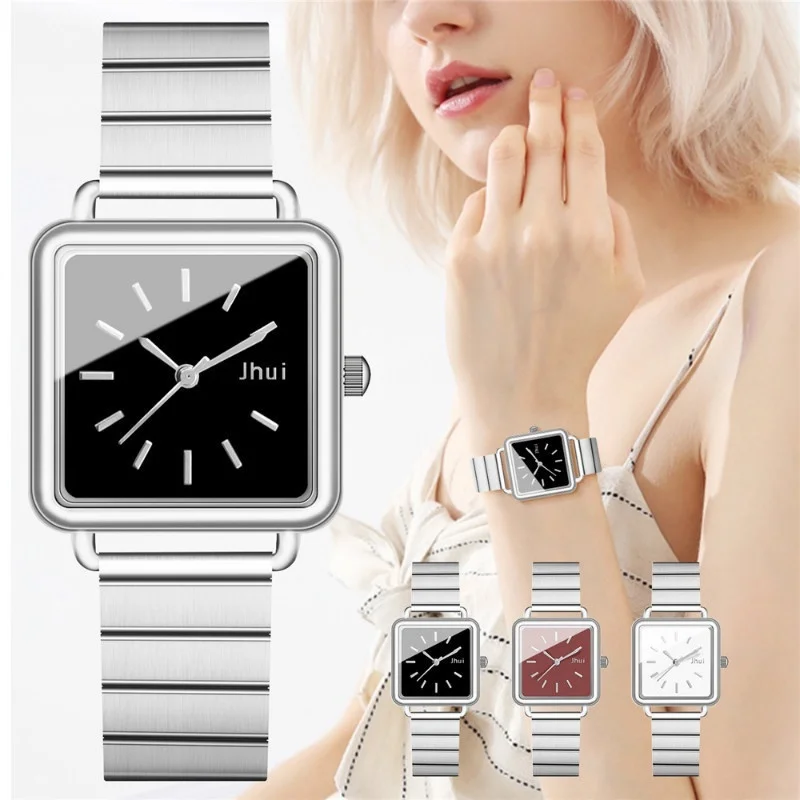 Fashion Square Women Watch Silver Stainless Steel Watchband Quartz ...