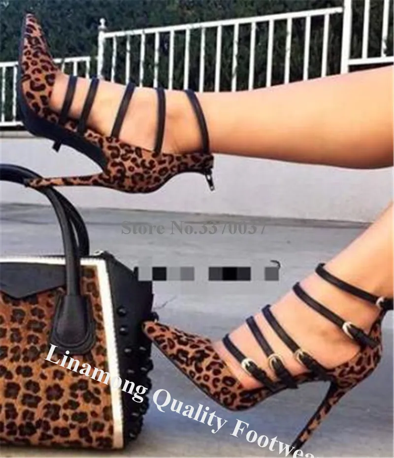 Linamen-apontou-dedo-do-p-leopardo-stiletto-salto-bombas-tiras-cruz ...