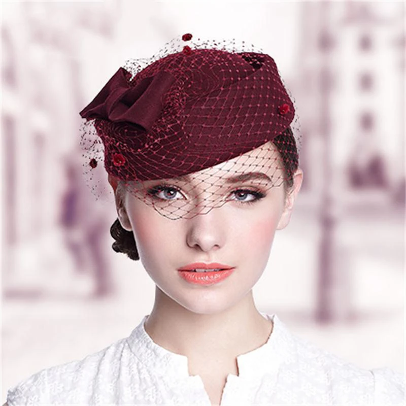 Berets-Caps-For-Women-Bride-Elegant-Wool-Gauze-Bow-Airline-Stewardess ...