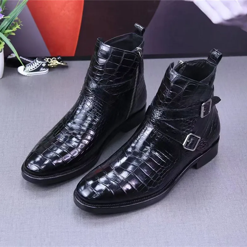 Authentic-Exotic-Crocodile-Belly-Skin-Men-s-Short-Winter-Boots-Genuine ...