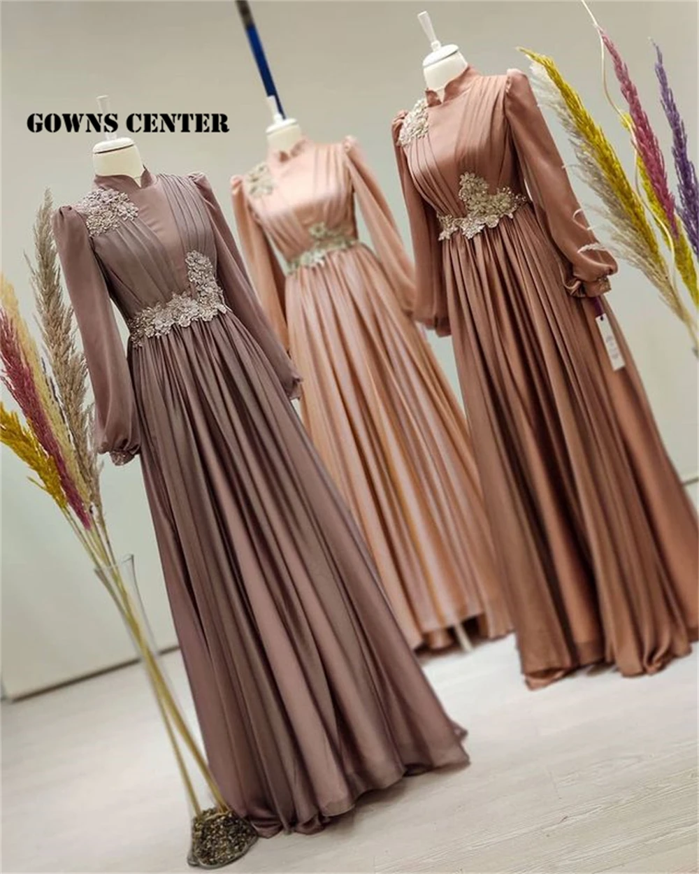 Dubai Muslim Evening Dress Long Sleeves Turkey Formal Gown Party Beaded ...