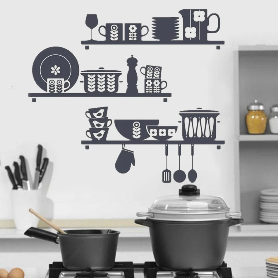 Scandinavian Crockery Kitchen Shelves Wall Decal for kitchen art home ...