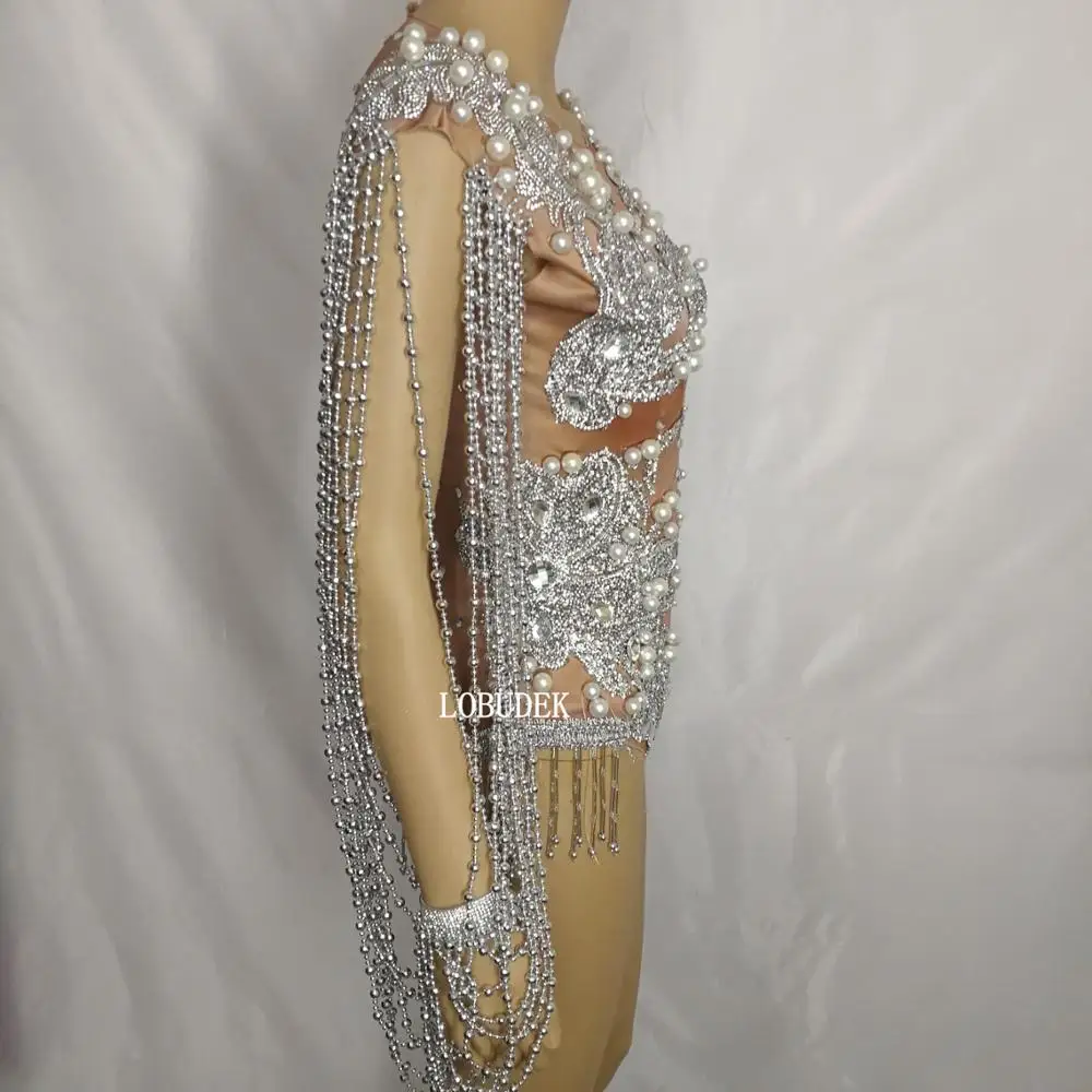 Sexy Bar Nightclub Women DJ Stage Wear Silver Rhinestones Beading ...