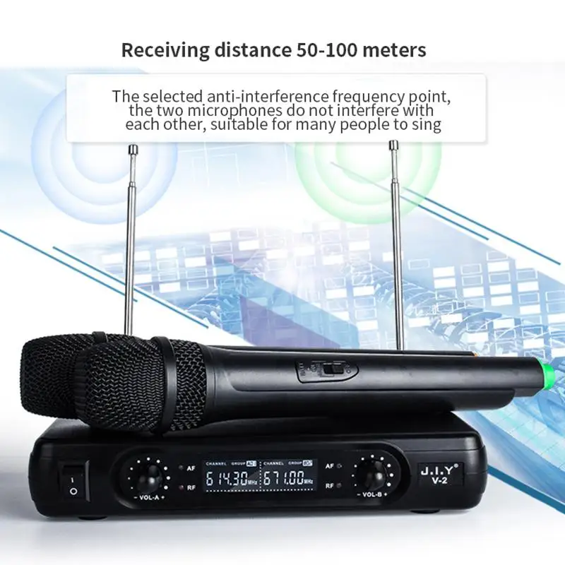 2CH Dynamic Wireless Microphone Long Range Dual Handheld Transmitter ...