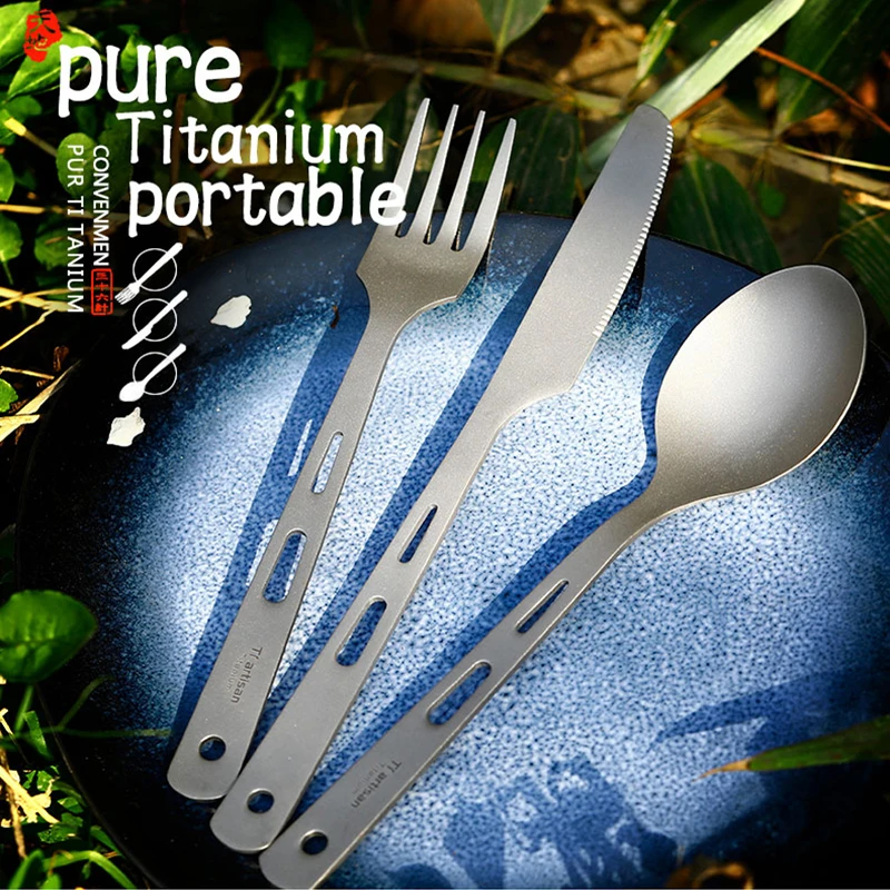 3pcs Ultralight Pure Titanium Spoon Fork Knife Set Outdoor Tableware ...