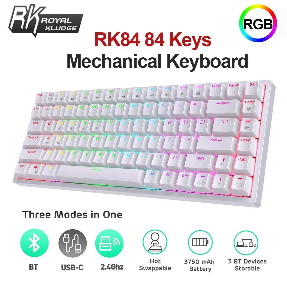 Royal Kludge RK84 기계식 키보드 84 키 RGB 무선 BT 5.0 + 2.4Ghz + Type C 유선 핫 스왑 ...