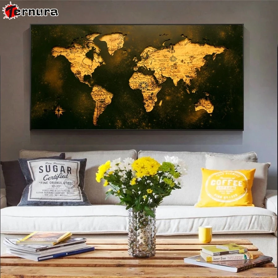 Full Square Diamond Painting Large Retro Map Golden World Map Mosaic ...