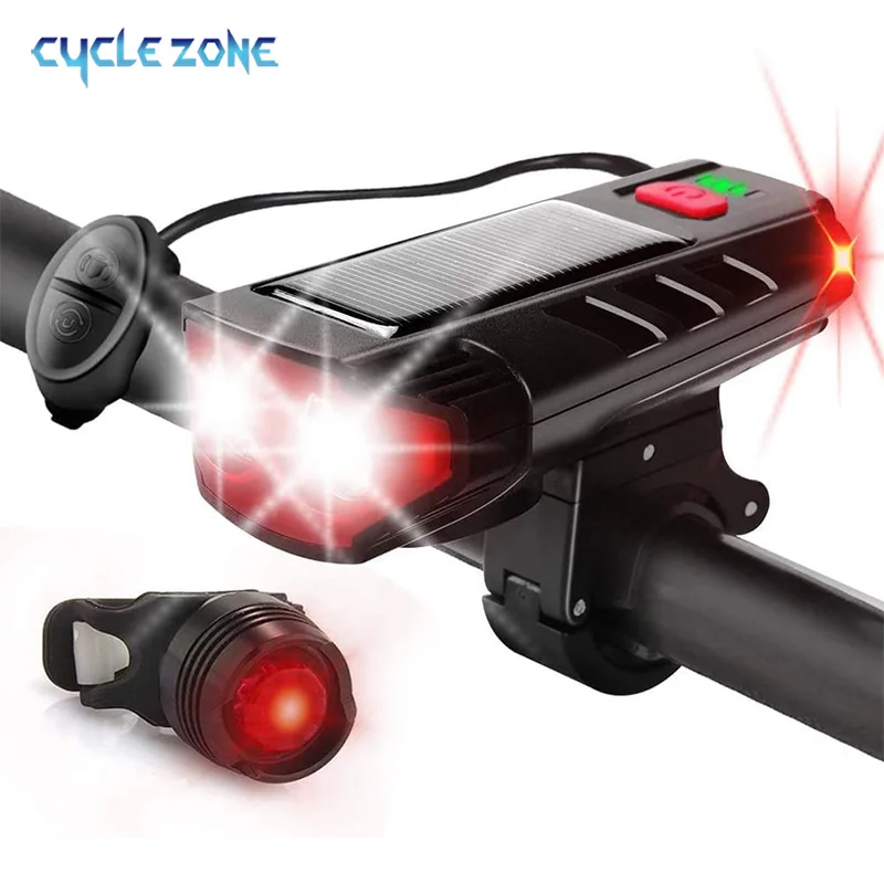 Solar-Powered-Bike-Light-USB-Rechargeable-Front-Lamp-With-120db-Horn ...