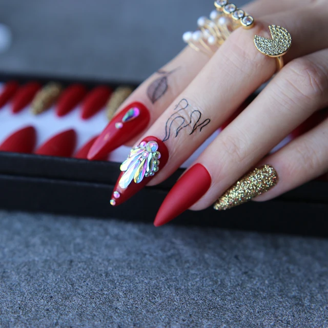 Red And Gold Stiletto Nails