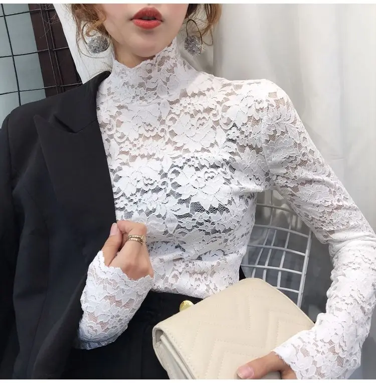 Women's High Neck Slim Lace Long Sleeve Cutout Bottoming Blouses