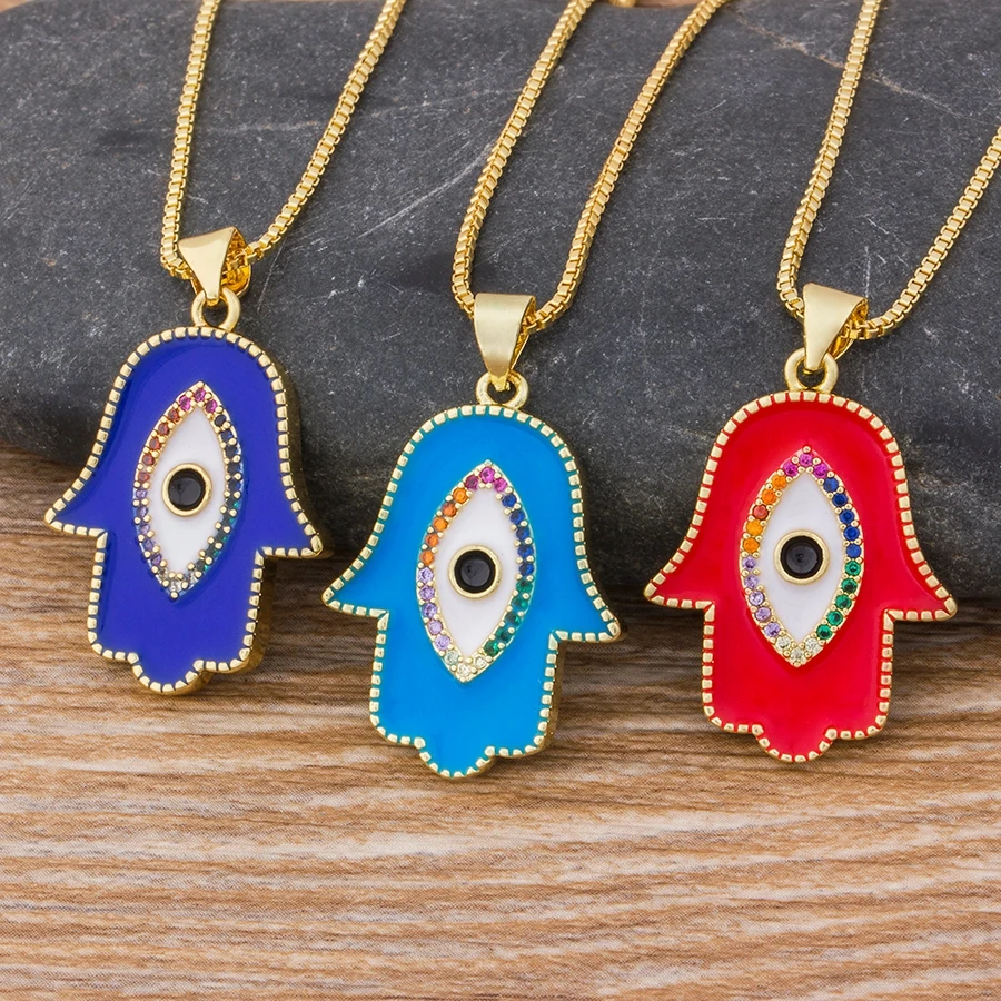 New Fashion Gold Turkey Blue Eye Hamsa Hand Fatima Palm Necklac For ...
