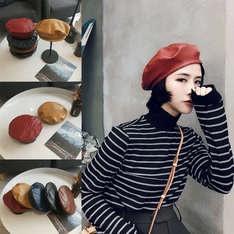 5 Colors Autumn Winter New Women Hot Fashion Beret Solid Faux PU Leather Beret French Artist ...