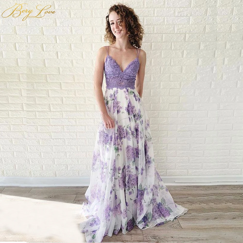Purple Printed Prom Dresses