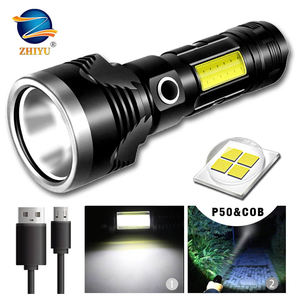 Linterna táctica LED superpotente P50 + COB, recargable vía USB ...