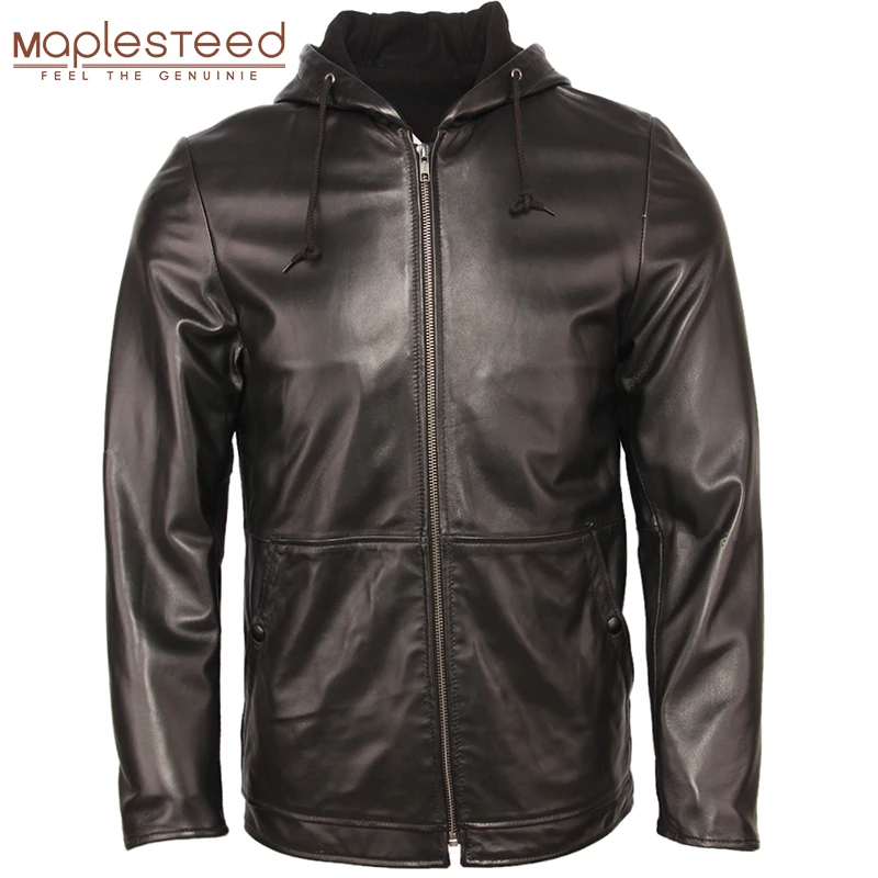 Men Leather Jacket Hood 100% Natural Sheepskin Soft Thin Leather Jacket ...