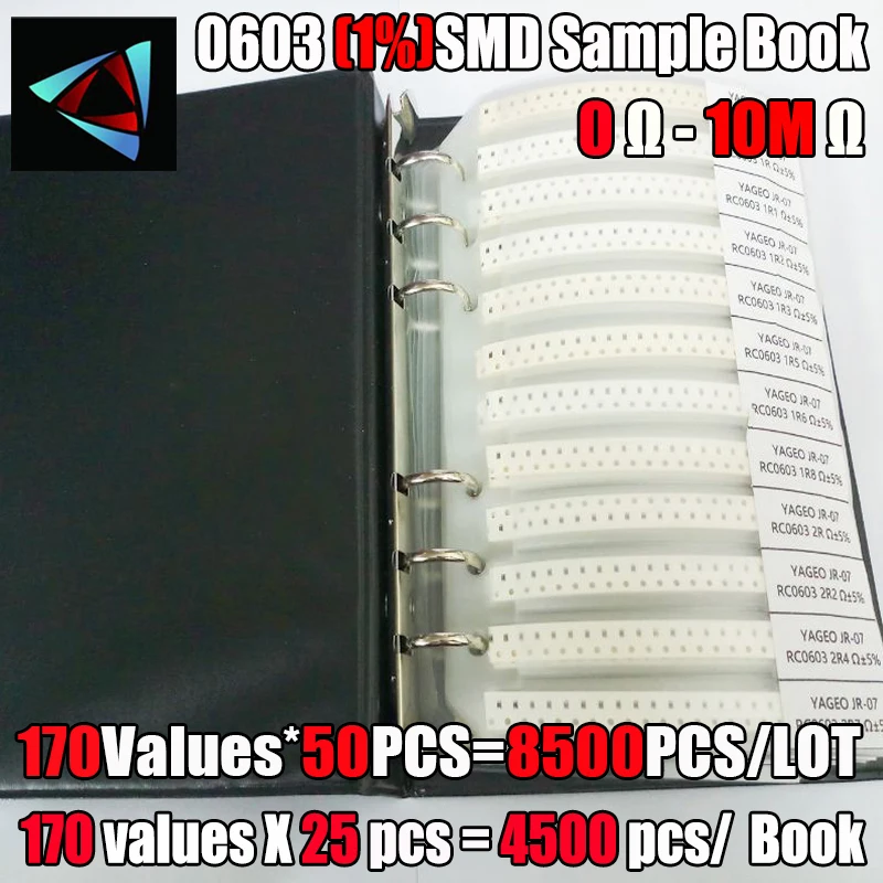 4250/8500 PCS/LOT RC0603 FR-07 0603 1% SMD Resistor Sample Book 0R~10M ...