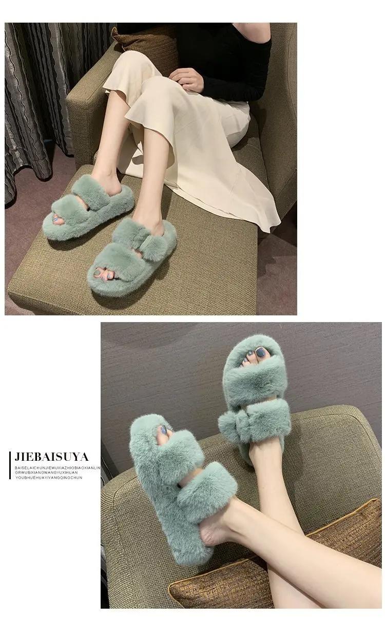 Chaussons,Pantoufles d'hiver en fourrure à semelle compensée pour ...