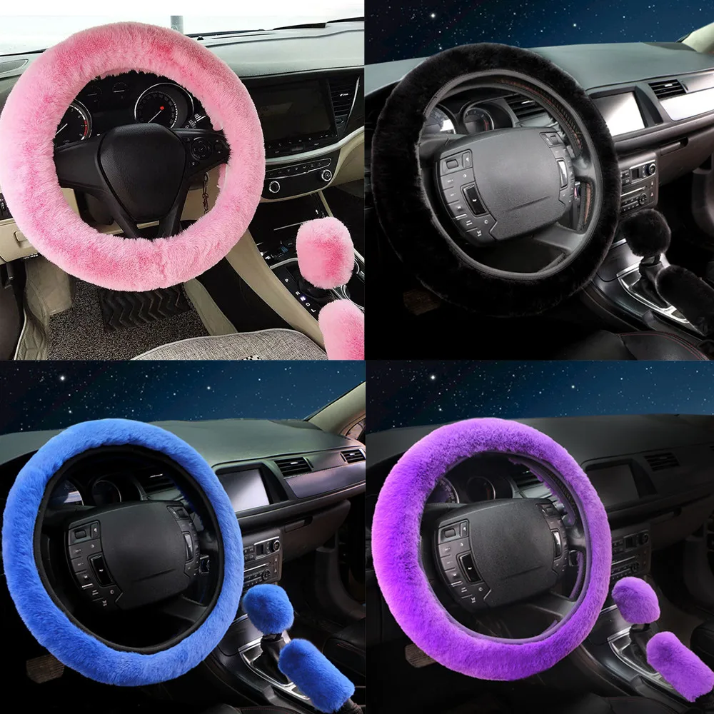 3pcs-Set-Warm-Faux-Wool-Steering-Wheel-Cover-38cm-Fur-Fluffy-Thick-Auto ...
