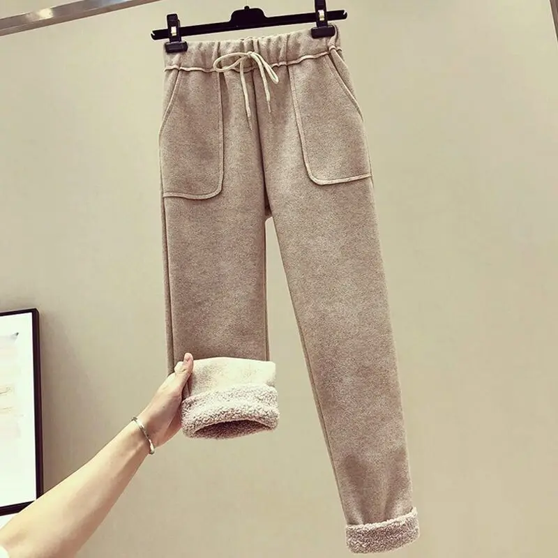 양모 캐주얼 바지 여자 가을 겨울 양고기 모피 캐시미어 하렘 바지 허리 스트레이트 발목 길이 스웨트 두꺼운 양털팬티 And 카프