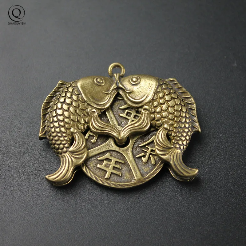 Vintage Brass Double Goldfish Key Chain Chinese Characters Shape ...