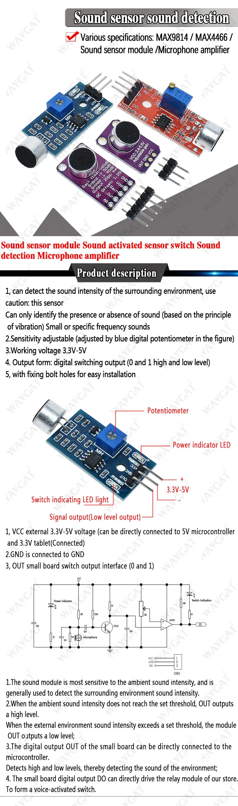 Circuits intégrés,Sound Sensor--Module De Détection Et Contrôle De Sons Max4466 Max9814 Pour ...
