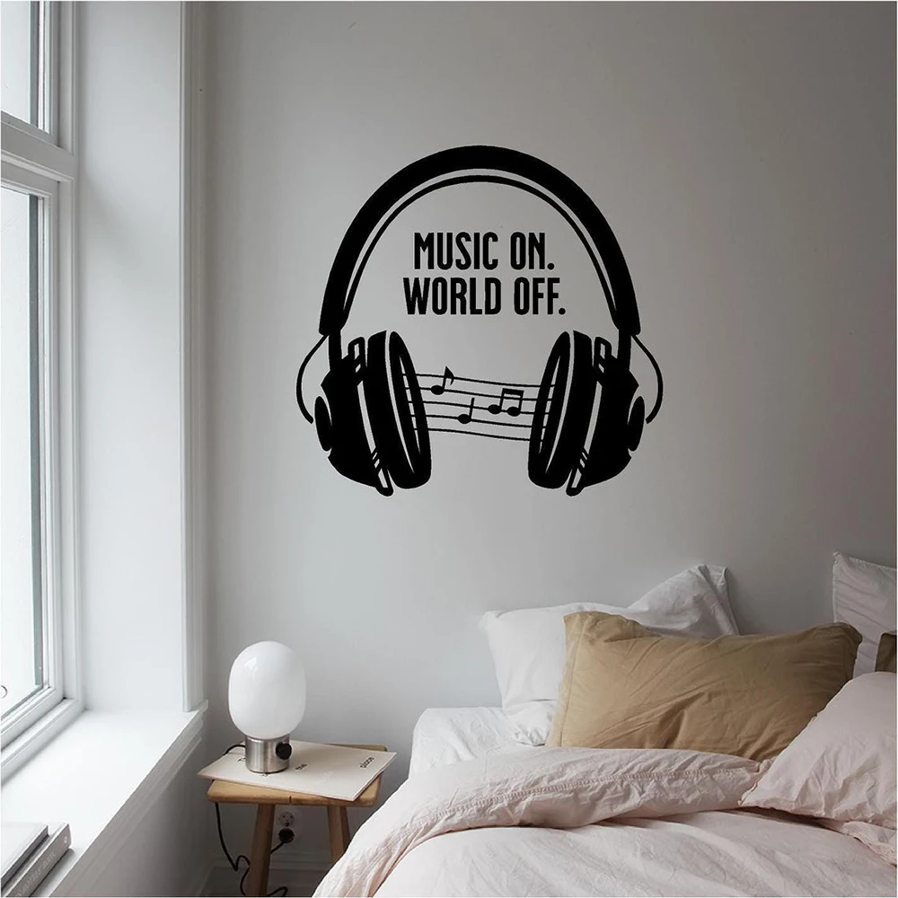 Music headset Wall Decals Quotes Music on World off Wall Sticker for ...