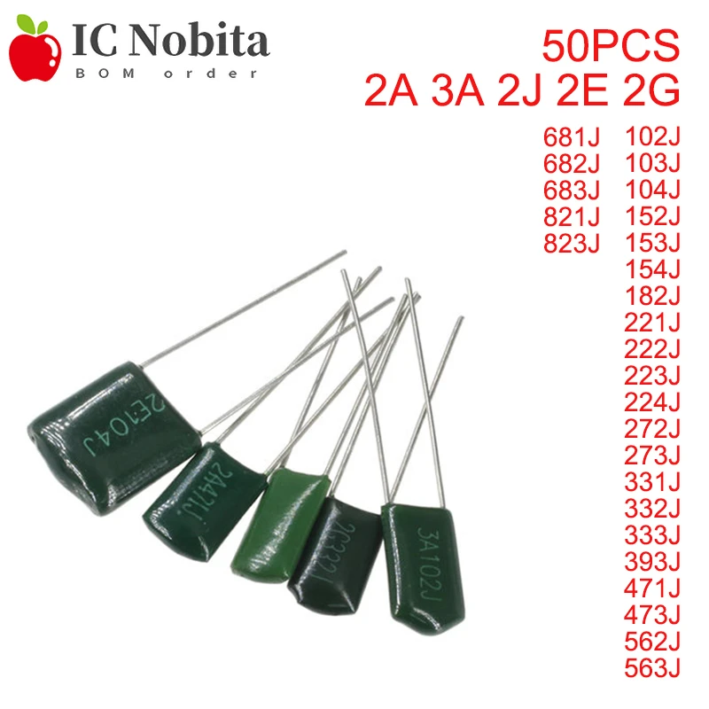 50pcs 100v 250v 400v 630v 1000v Polyester Film Capacitor 2a471 2a152j ...