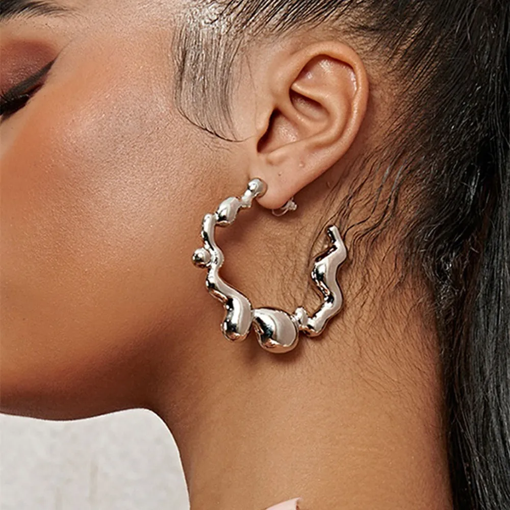 Metal-Silver-Irregular-C-shaped-Wave-Shape-Circle-Hoop-Earrings-Jewelry ...