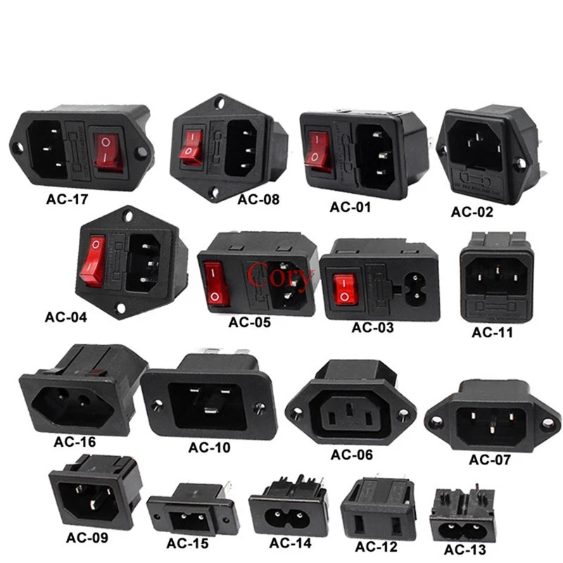 1Pc IEC320 C14 Electrical AC Power Socket 3Pin Red Lamp 250V Rocker ...