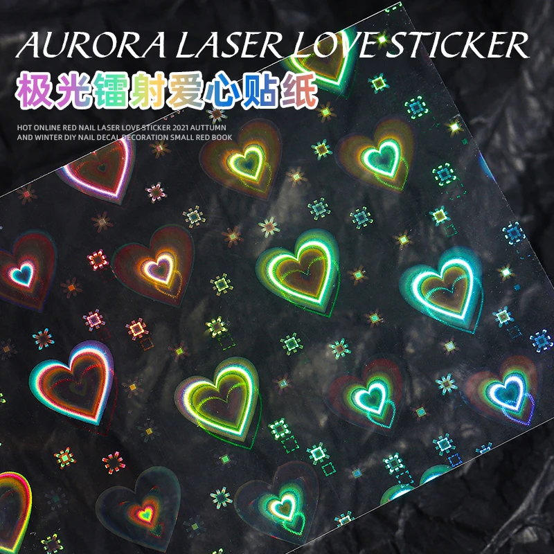 Nails Art Laser Heart Star Hollow Colorful Shiny Love Gradual Sticker ...