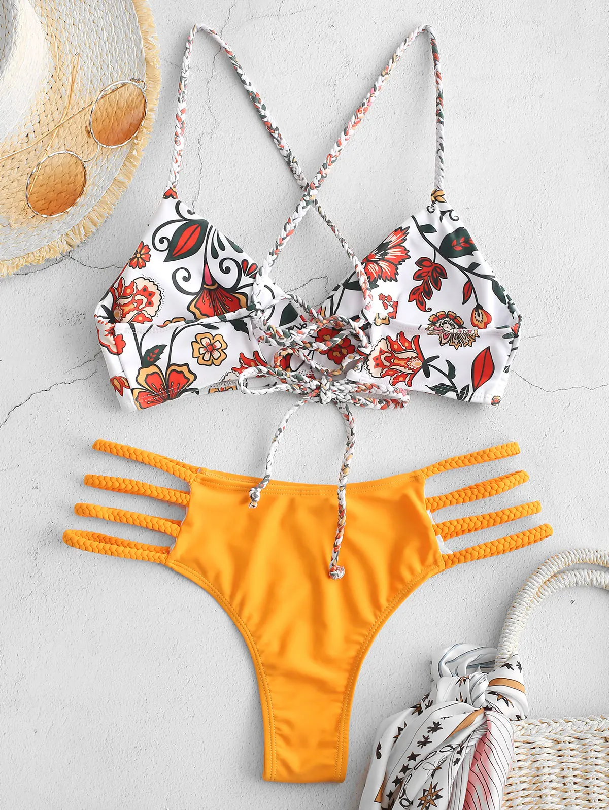 ZAFUL Bikini Flower Braided Lace Up Sexy Bikini Set Spaghetti Straps ...