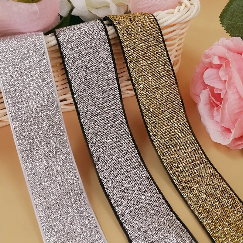 High-density-Woven-Gold-Silk-Silver-Flat-Elastic-Bands-10-15-25-40mm ...